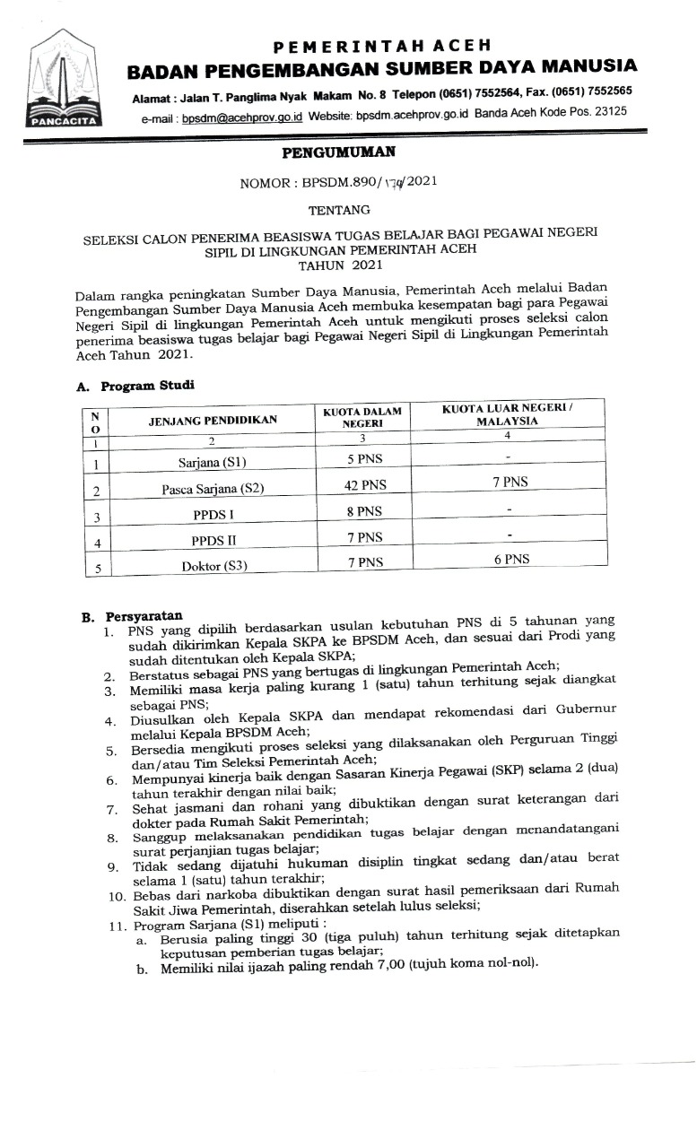 Permohonan Calon Penerima Tugas Belajar